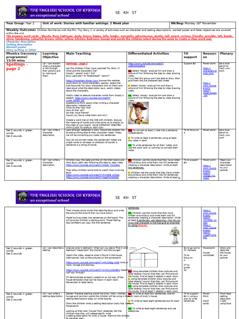 Stories With Familiar Settings Planning - Toy Story | PDF | Verb | Grammar