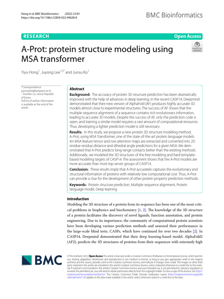 A Prot Protein Structure Modeling Using MSA Transformer | PDF | Bioinformatics | Applied Mathematics