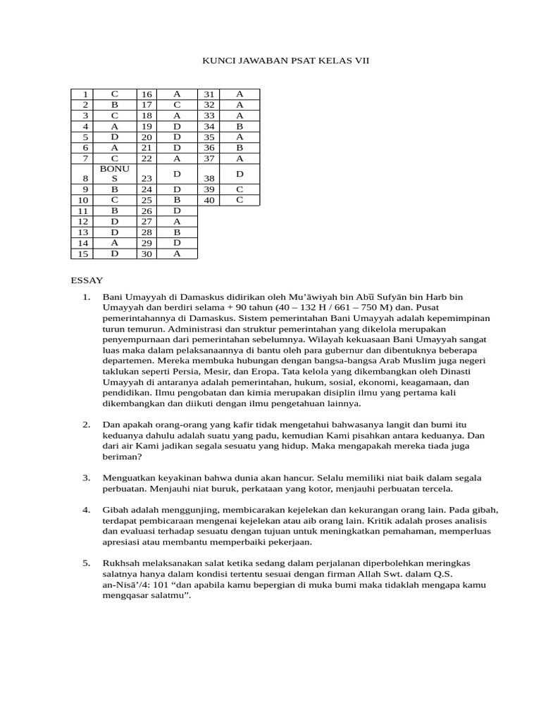 Kunci Jawaban Psat Kelas Vii | PDF