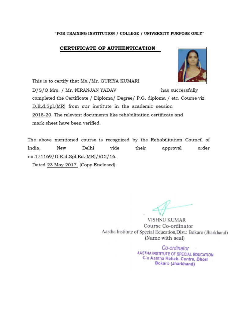 RCI Authentication Certificate for D.E.d.Spl. | PDF