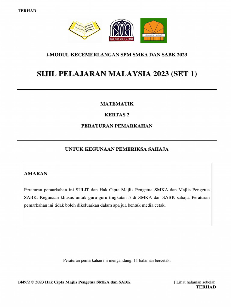 2023 SMKA SABK Matematik K2 (Set 1) Skema | PDF