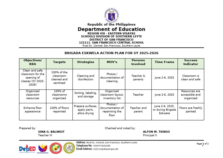 Brigada Eskwela Action Plan 2025-2026 | PDF