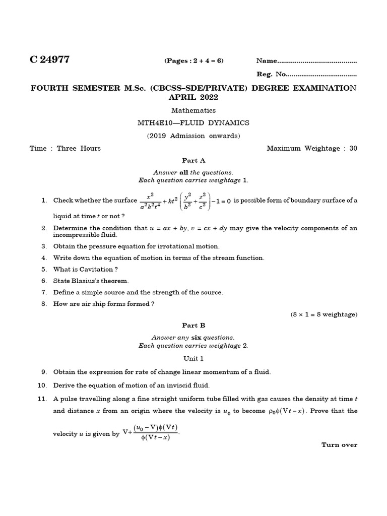 Fluid Dynamics Previous QP | PDF | Physics | Chemical Engineering