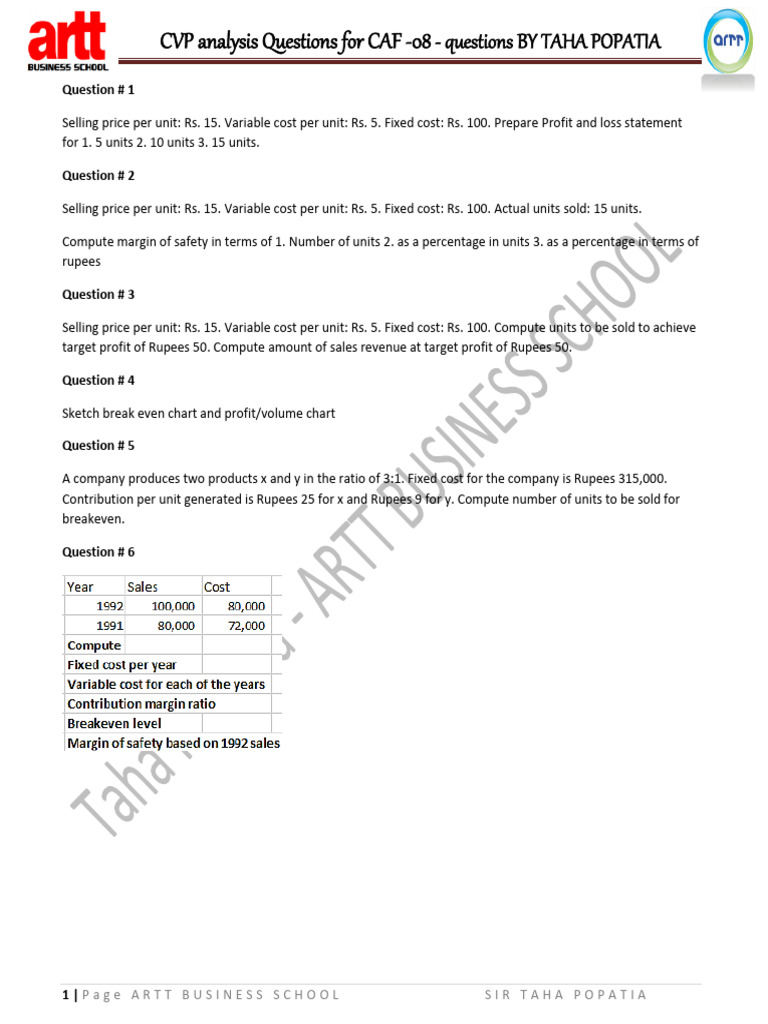 CVP Analysis Questions Set | PDF | Management Accounting | Pricing