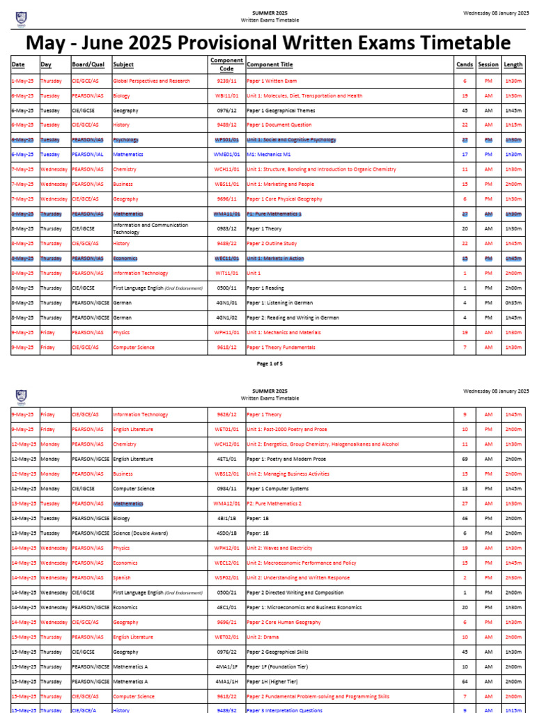 May - June 2025 Provisional Written External Exams Timetable | PDF
