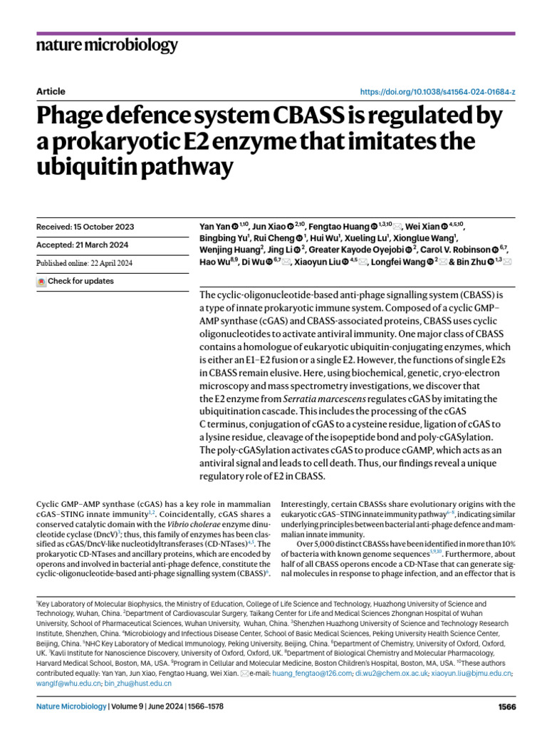 Phage Defence System CBASS Is Regulated by A Prokaryotic E2 Enzyme That ...