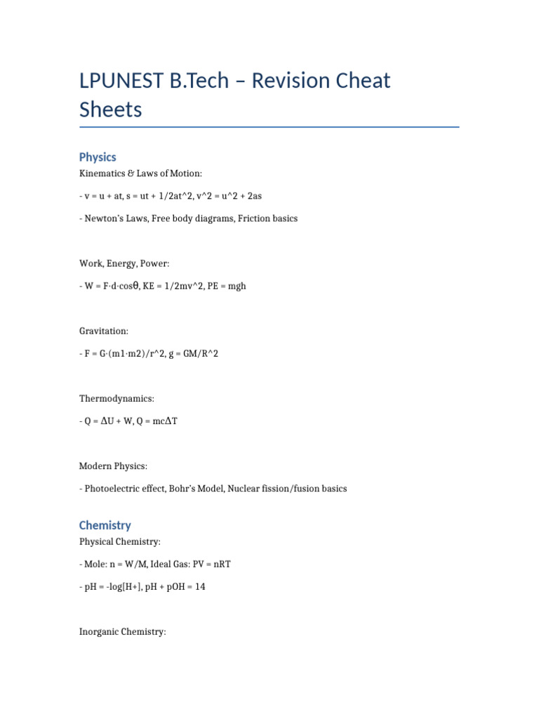 LPUNEST B.Tech Revision Cheat Sheet | PDF