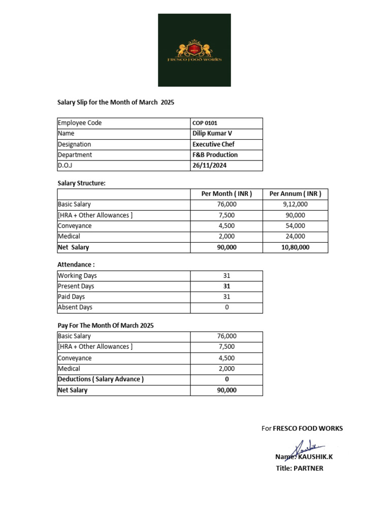 Chef Dilip Salary Slip March-2025 New | PDF