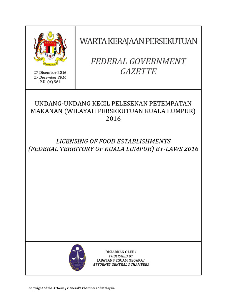 Akt 1976 (Uuk Pelesenan Petempatan Makanan WPKL 2016) | PDF