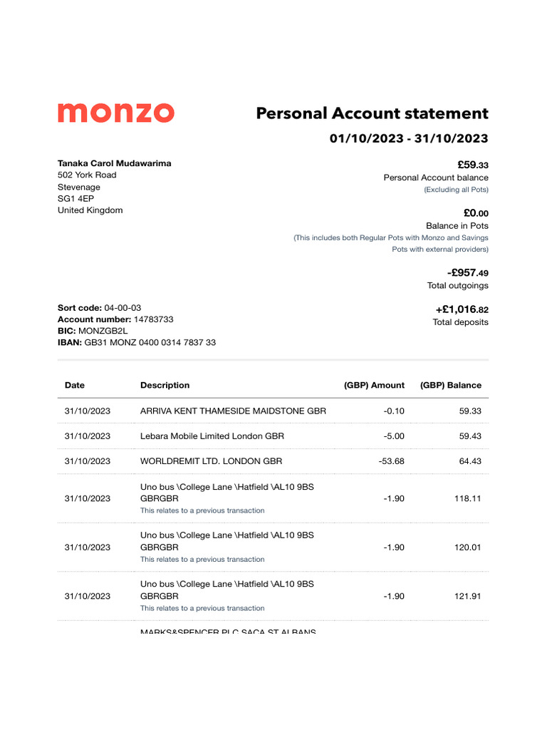 Monzo - Bank - Statement - 2023 10 01 2023 10 31 - 1970 | PDF | Banking ...