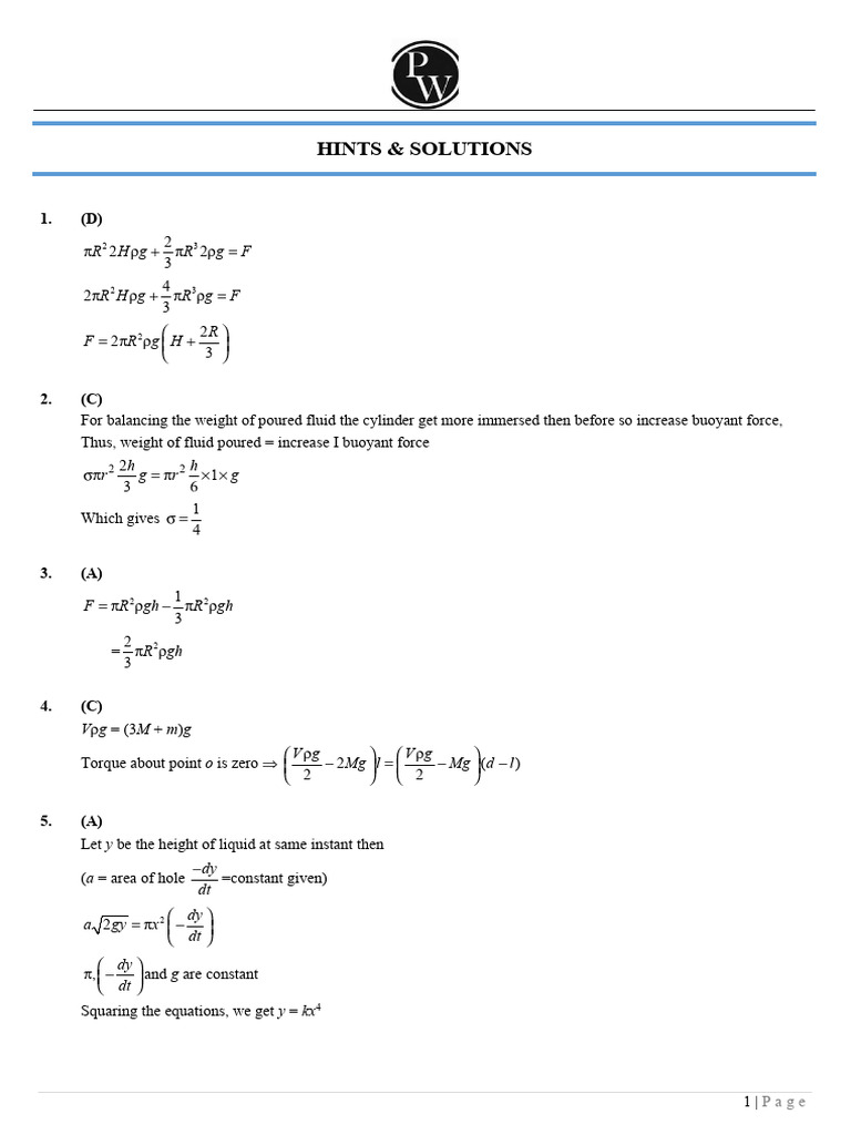 Properties of Matter - Fluids - Sol. | PDF | Buoyancy | Pressure
