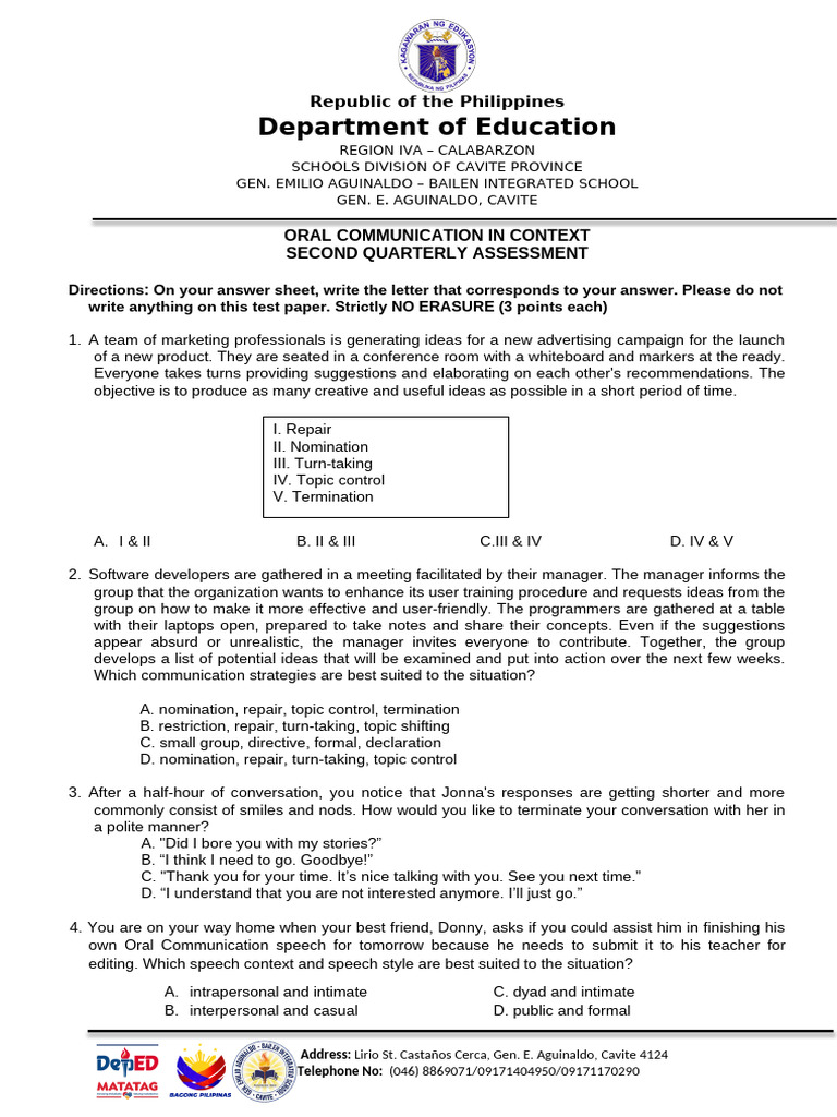 Second Quarterly Assessment - Oral Communication in Context | PDF ...