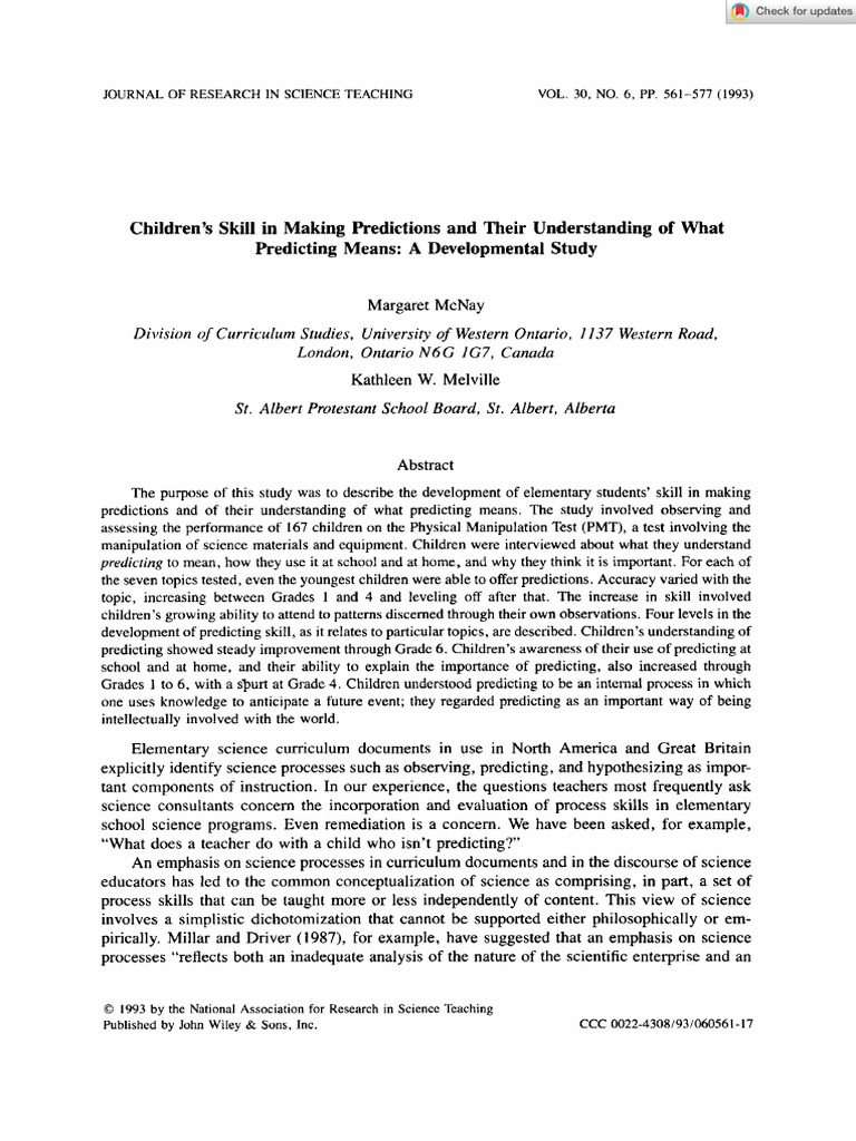 J Res Sci Teach August 1993 Mcnay Children S Skill In Making