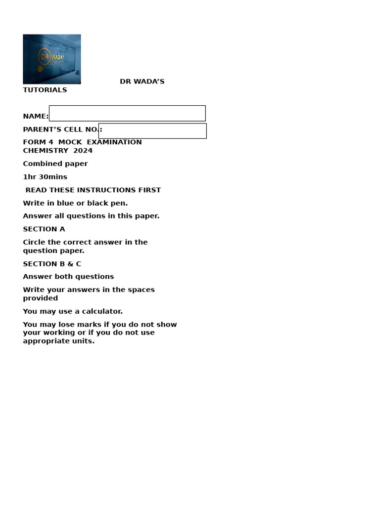 Form 4 Chemistry Mock Exam 2024 | PDF | Periodic Table | Sodium
