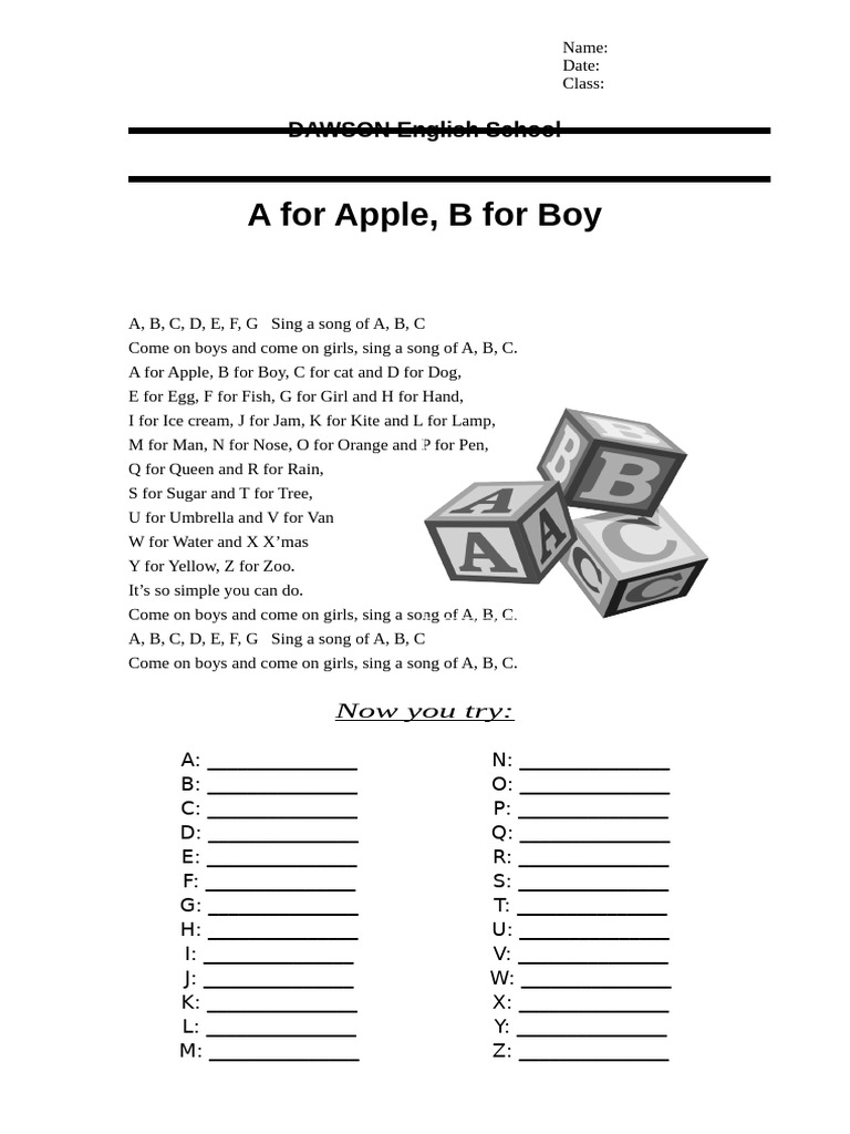 A for Apple, B for Boy Activity Sheet | PDF