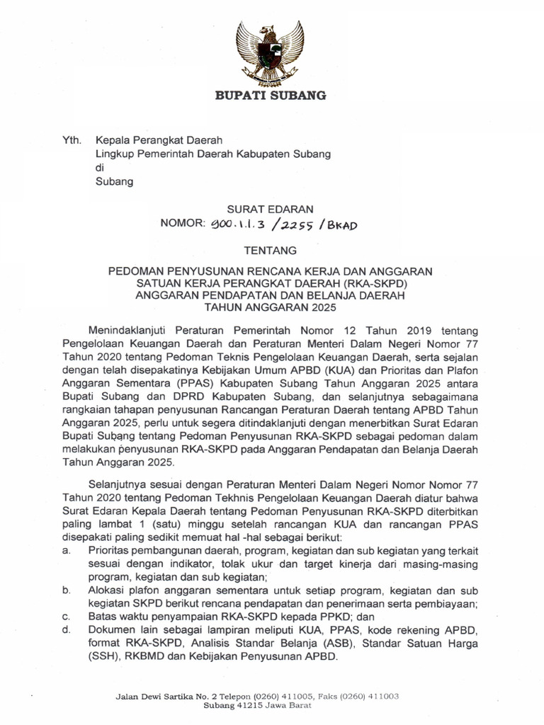 SE - Pedoman RKA - SKPD Tahun 2025 (Final) | PDF