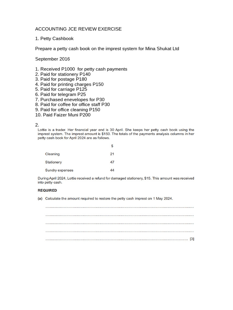 Petty Cashbook Review Exercise | PDF