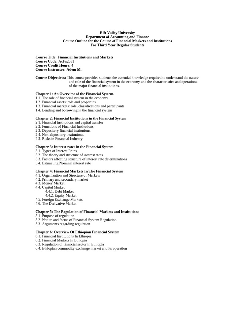 Course Outline-Financial Institutions and Markets | PDF