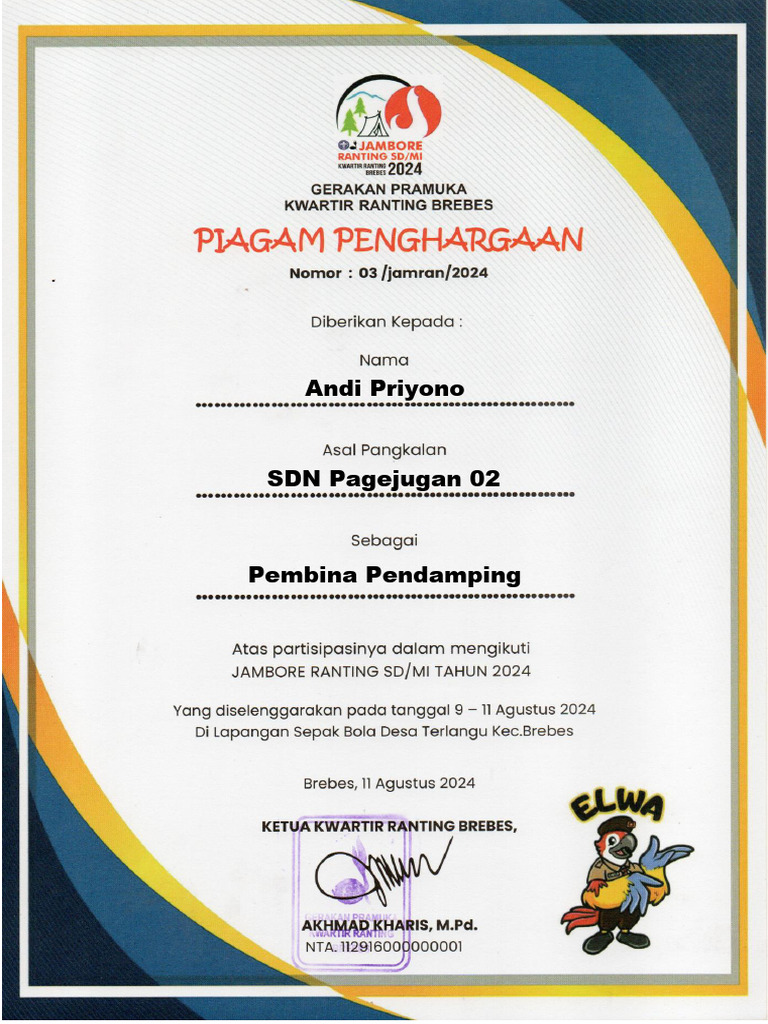 Sertifikat Jambore Ranting 2024 Andi Priyono | PDF