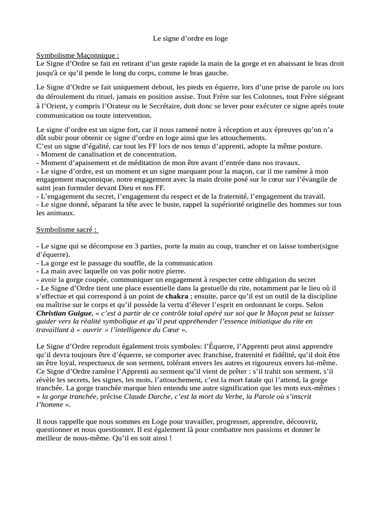 Signe d'Ordre en Franc-Maçonnerie | PDF | Franc-maçonnerie