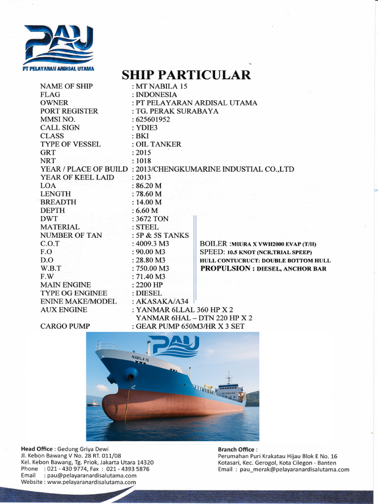 Ship Particular Mt Nabila 15 | PDF | Ships | Shipping