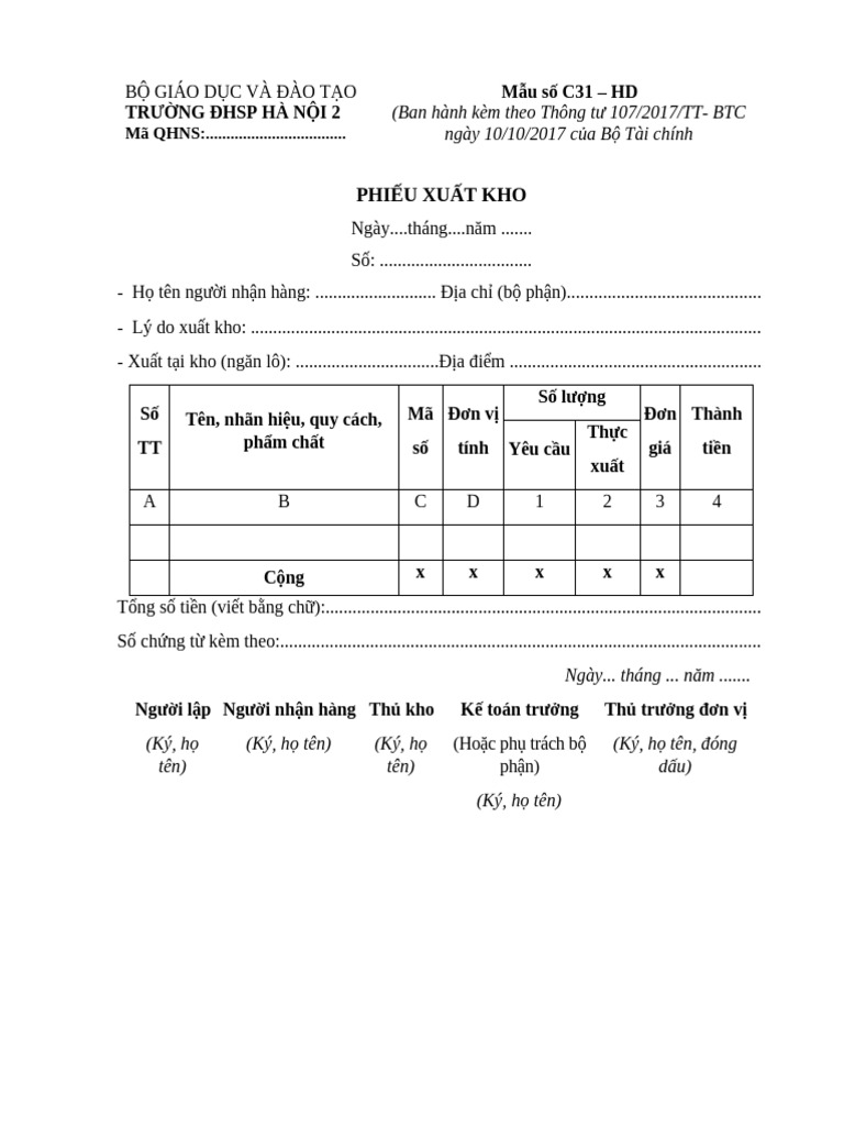 Mau So C31 - HD Phieu Xuat Kho | PDF