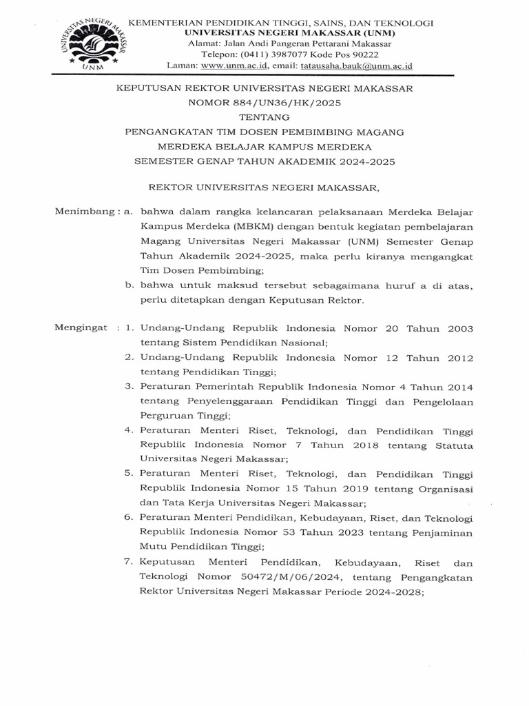 SK Rektor Untuk Dosen Pembimbing Magang MBKM Genap 2024-2025 | PDF