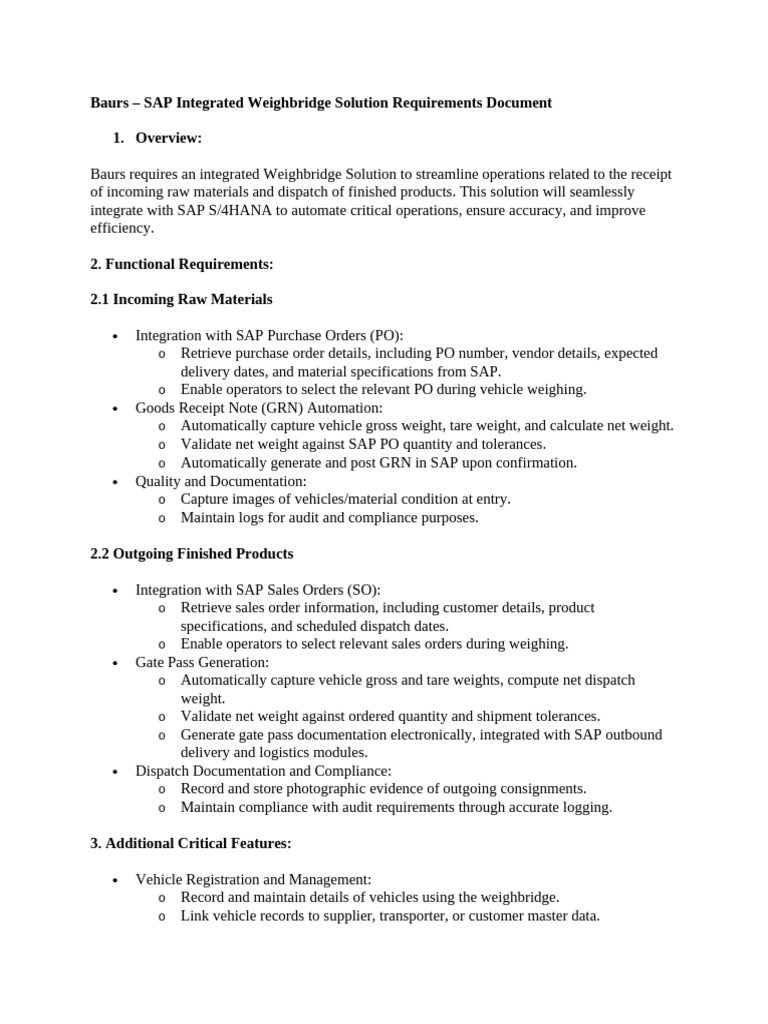 Baurs - SAP Integrated Weighbridge Solution Requirements Document | PDF | Information Technology ...