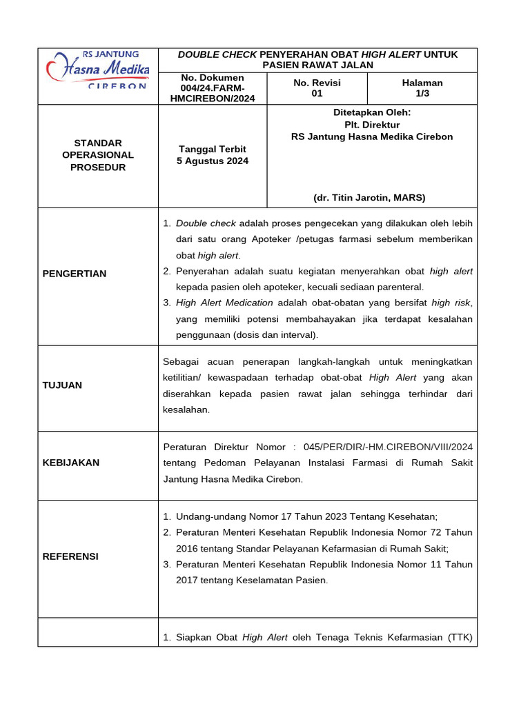 Prosedur Double Check Obat High Alert | PDF