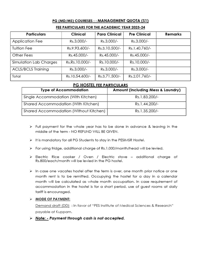 Fee Particulars MQ S1 | PDF