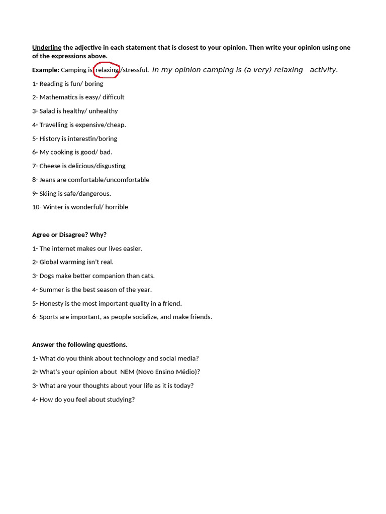 Sharing Opinions Exercise. | PDF