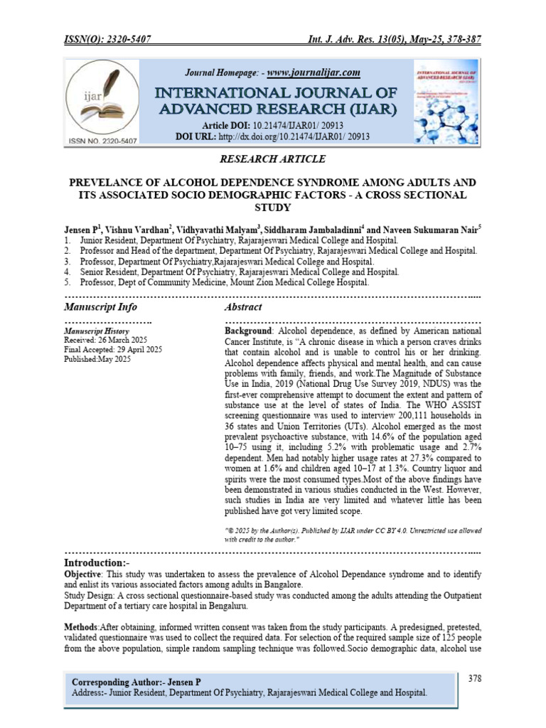 Prevelance of Alcohol Dependence Syndrome Among Adults and Its ...