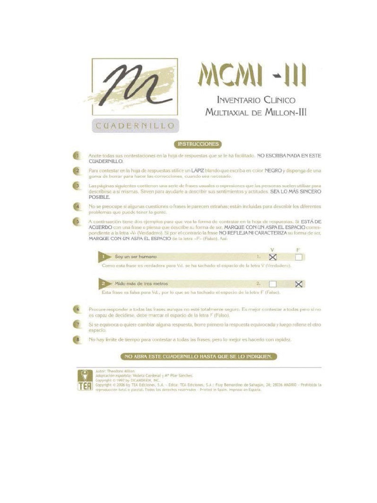 Cuadernillo Inventario Clinico Multiaxial de Millon Mcmi Iiipdf | PDF