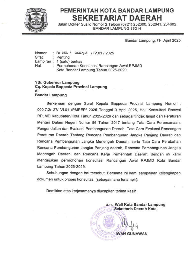 Surat Permohonan Konsultasi Rancangan Awal RPJMD THN 2025-2029 | PDF
