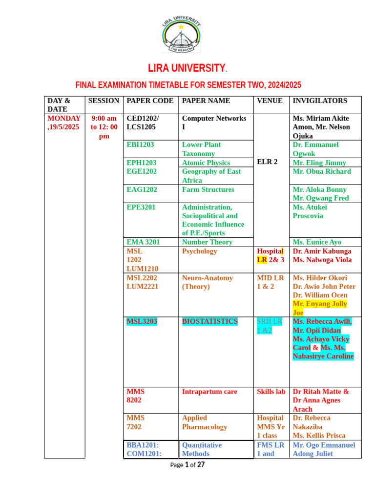 Final Examination Timetable For Semester Two 2024-2025 Edited On 24th ...