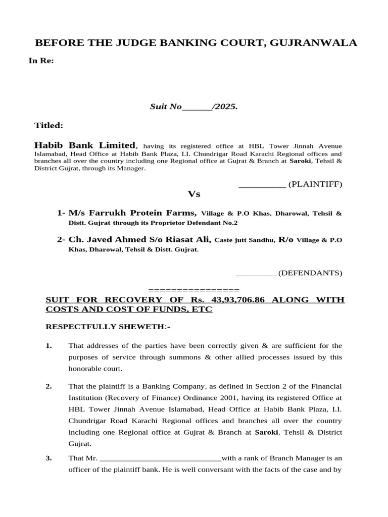 PLAINT HBL V Farrukh Protein Farm | PDF | Lawsuit | Banks