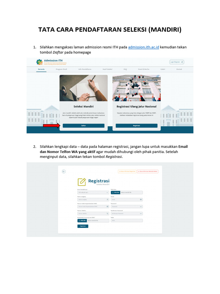 Tata Cara Pendaftaran Seleksi Mandiri Ith | PDF