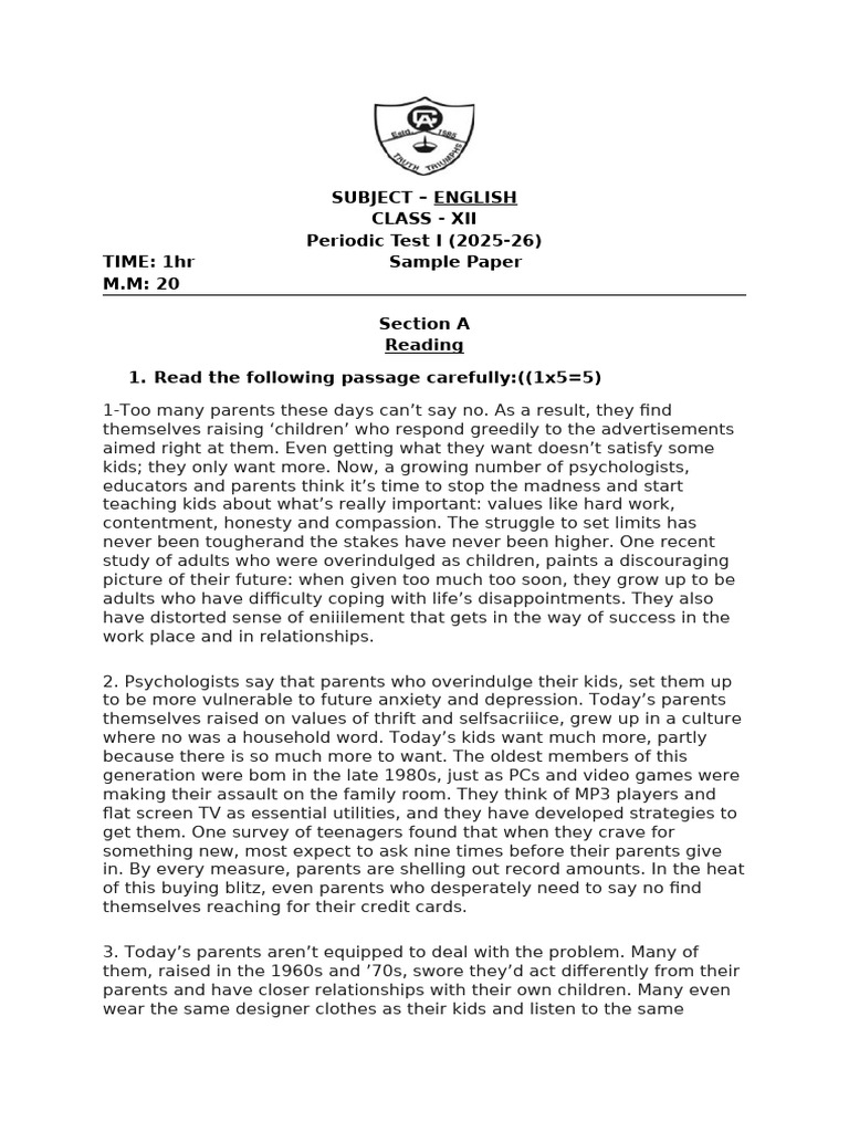 Sample paper Class XII PT-1 English 2025 | PDF | Behavioural Sciences ...