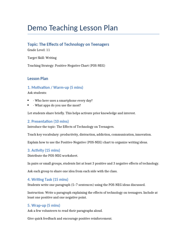 Grade11 ELT Writing POS NEG LessonPlan | PDF