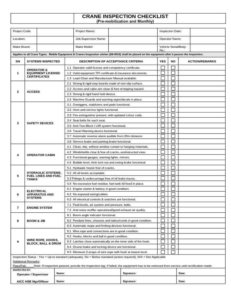 Crane Inspection Checklist Template | PDF | Crane (Machine) | Brake