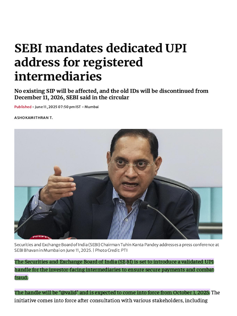 SEBI Mandates Dedicated UPI Address For Registered Intermediaries | PDF