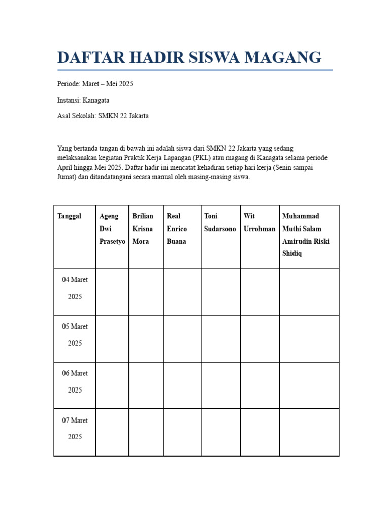 Absensi Magang Proper Kanagata SMKN22 2024 | PDF