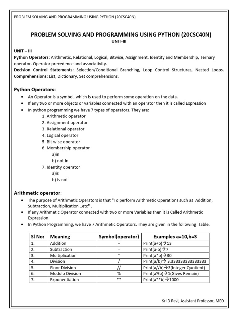 PSPP_UNIT-III_24-11-2024 | PDF | Arithmetic | Mathematical Logic