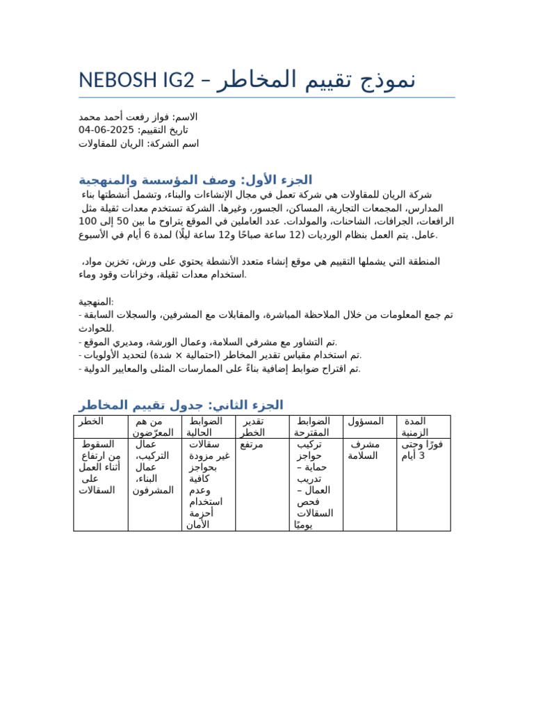 NEBOSH IG2 Fawaz Risk Assessment | PDF