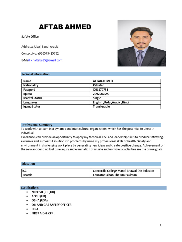 Aftab Ahmed Safety Officer | PDF | Safety | Workplace