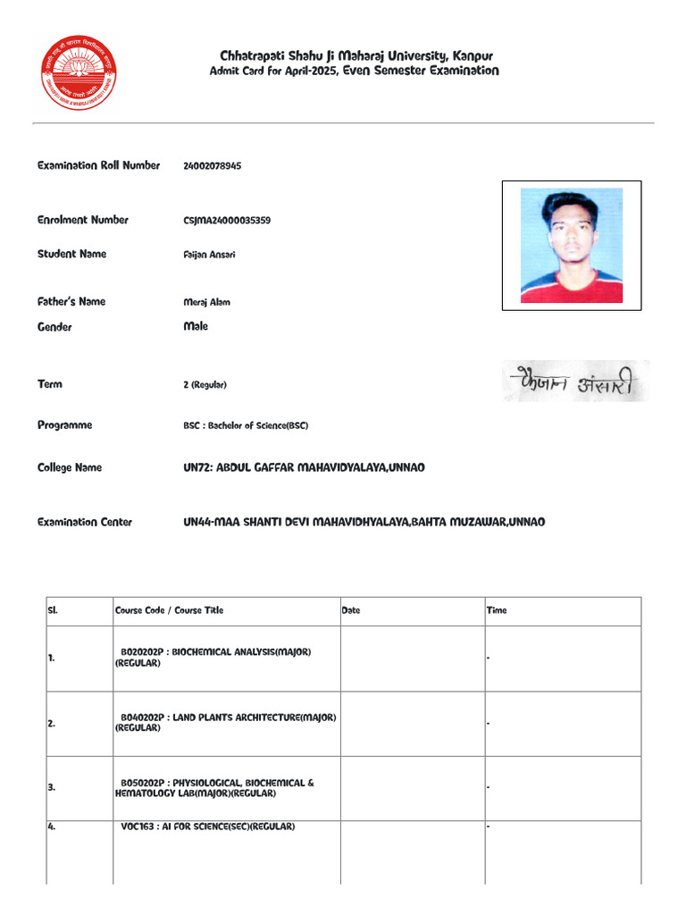 Csjmu - Samarth.edu - in Index - PHP Examstudent Hall-Admit-card View ...