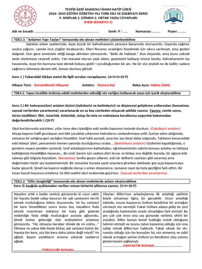 9.sinif Tde 2.dönem 2.yazili Cevaplari | PDF