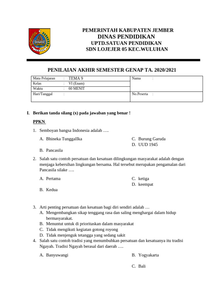 Soal Pas Kelas 6 Tema 9 | PDF