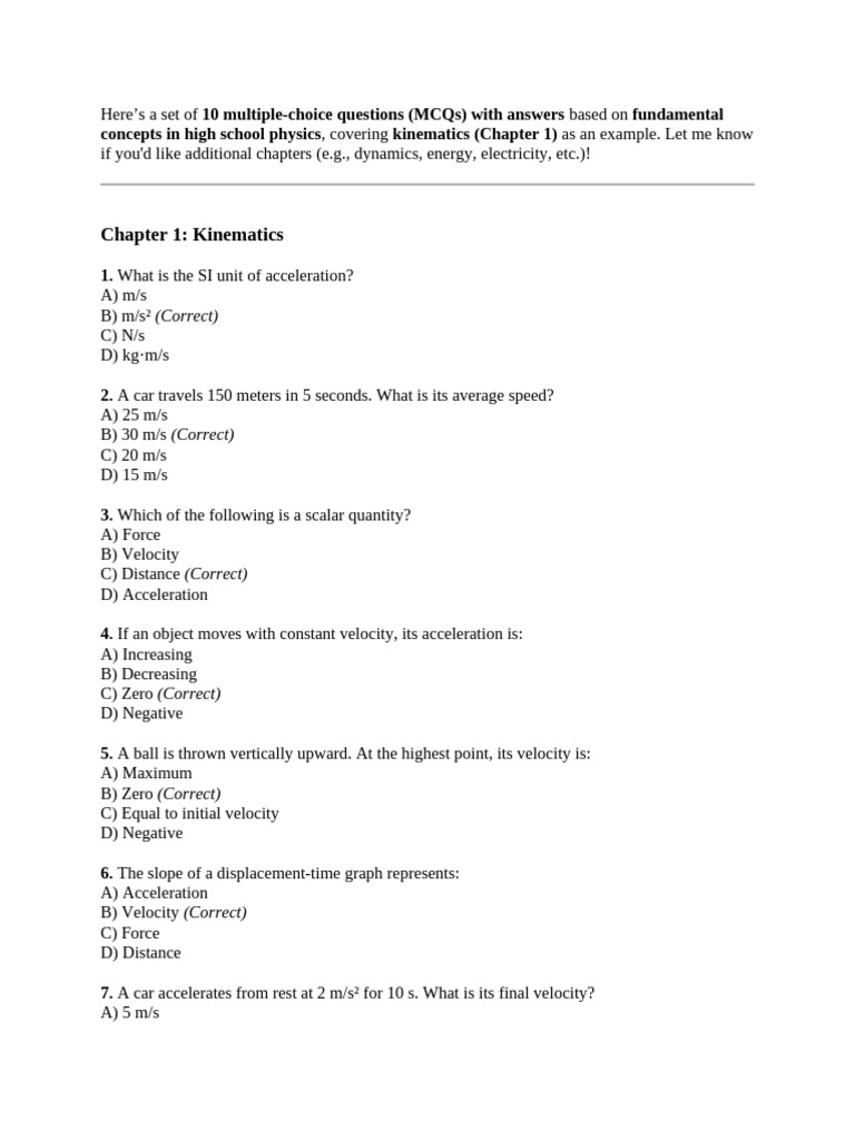 High School Physics MCQs: Kinematics to Magnetism | PDF | Force ...