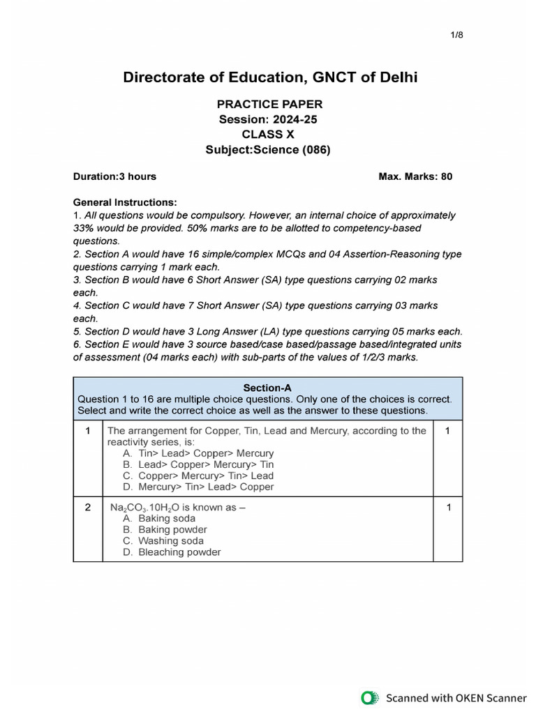 Science Practice Paper DOE 2024-25 With Solution by Shelendra | PDF